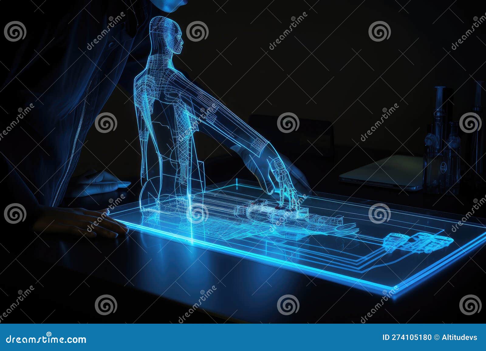 Person, Working on 3d Model or Blueprint, with Holographic Background ...