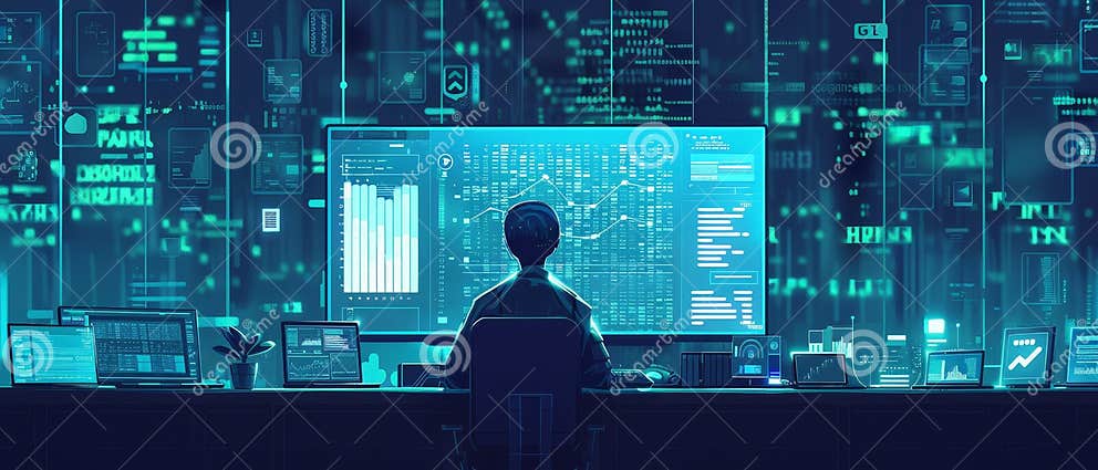 Person Working on a Futuristic Computer Interface with Multiple Screens ...