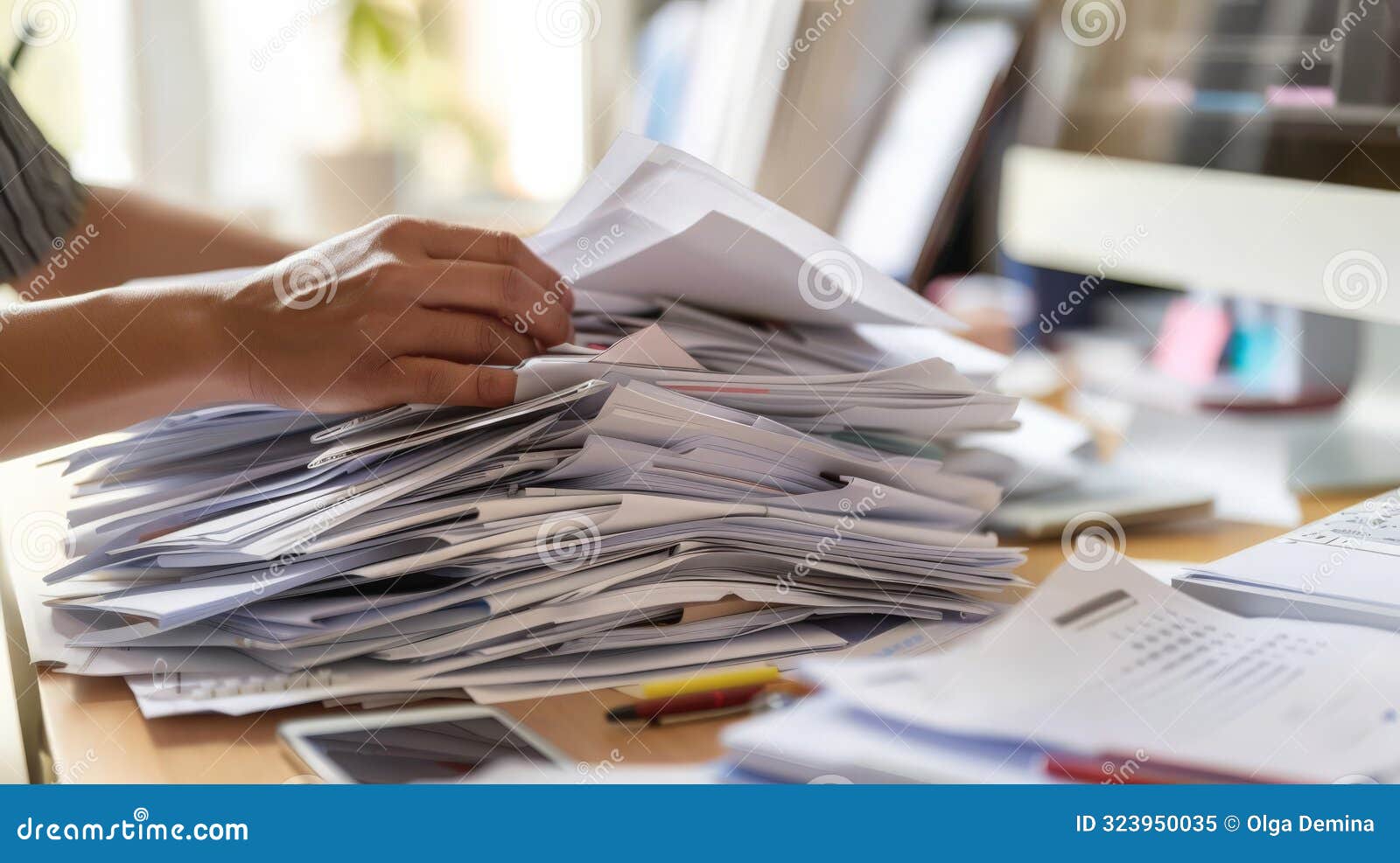 Person Working with a High Stack of Papers on a Cluttered Desk ...