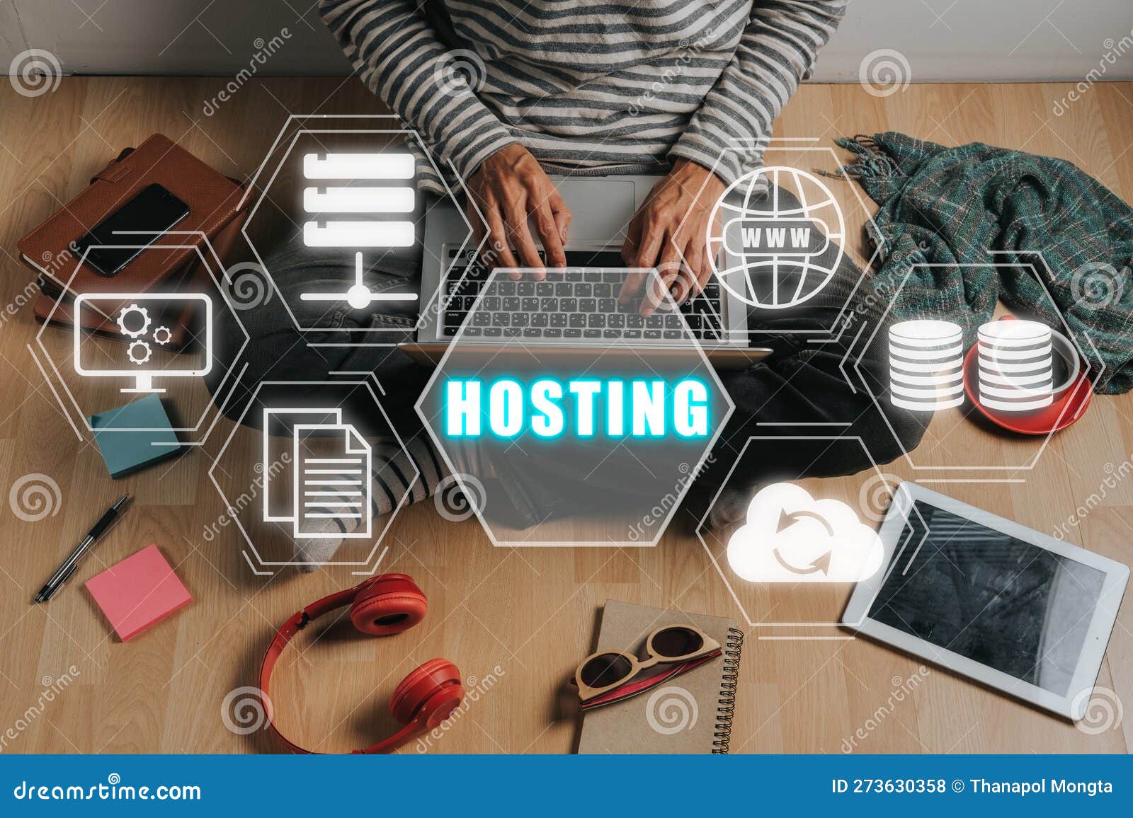 Person Working on Laptop Computer with Hosting Icon on Virtual Screen ...