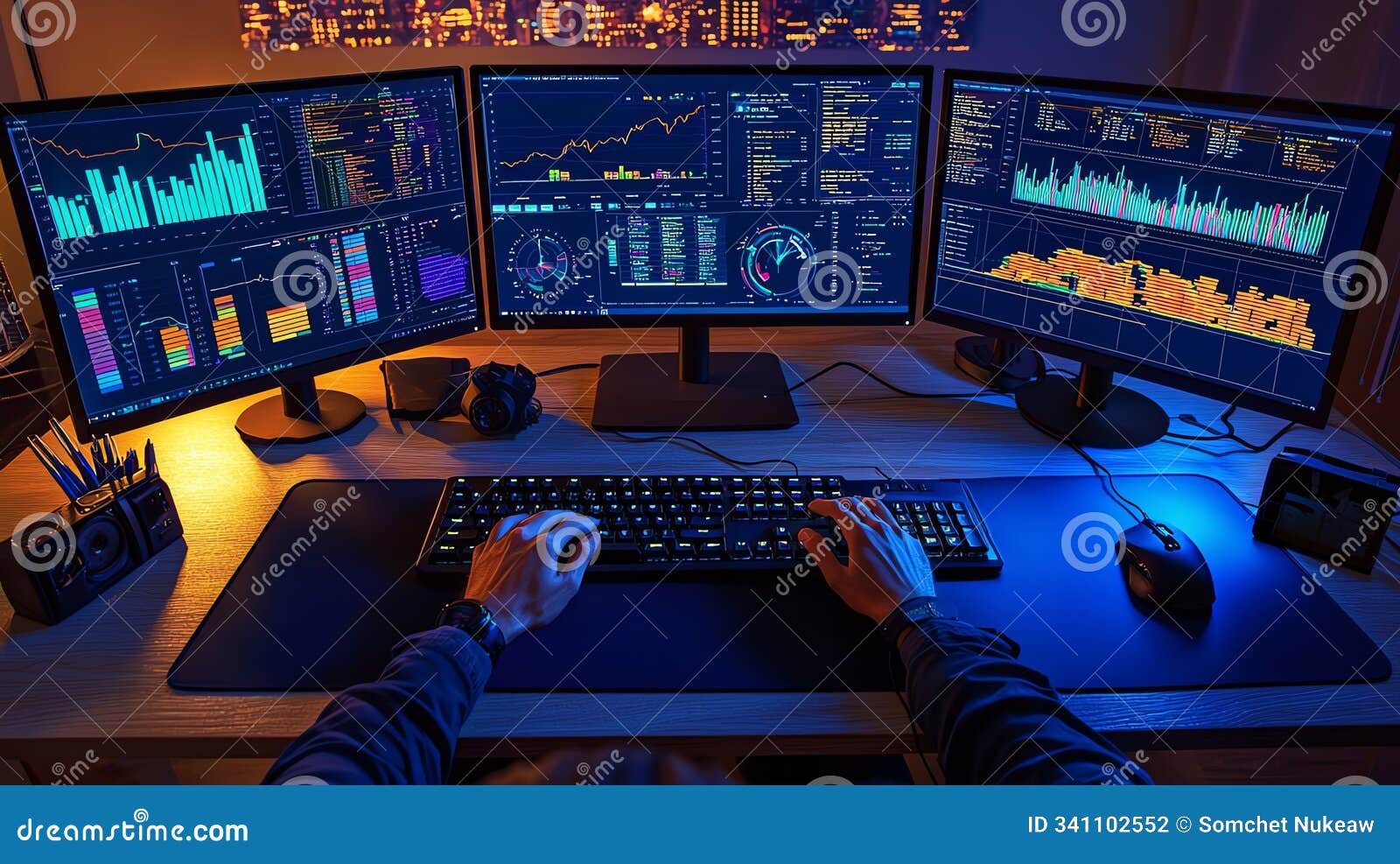 Person Working on Multiple Screens with Data Visualizations Stock ...