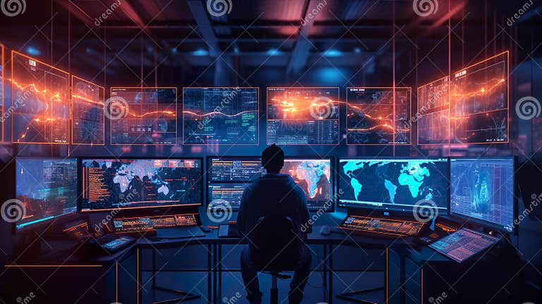 Person Working in a Technology-filled Environment with Computer Screens ...