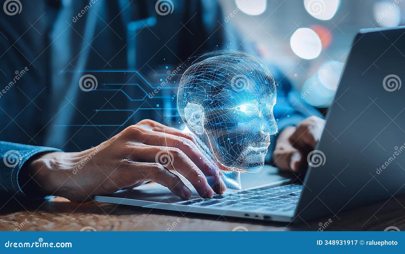 Person Works on Laptop with AI Head Hologram, Representing Artificial ...