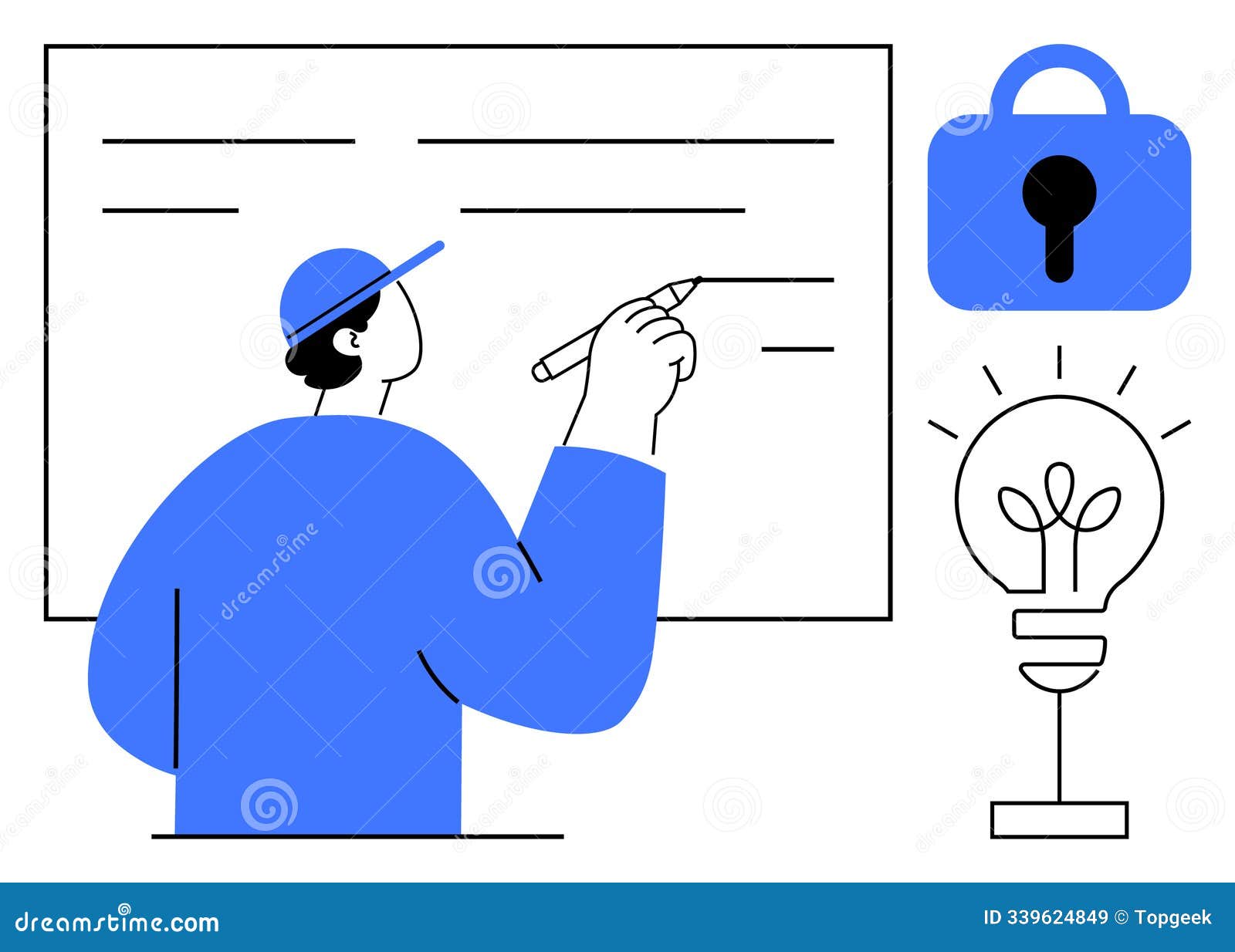 Person Writing on Whiteboard with Lock and Lightbulb Symbols ...