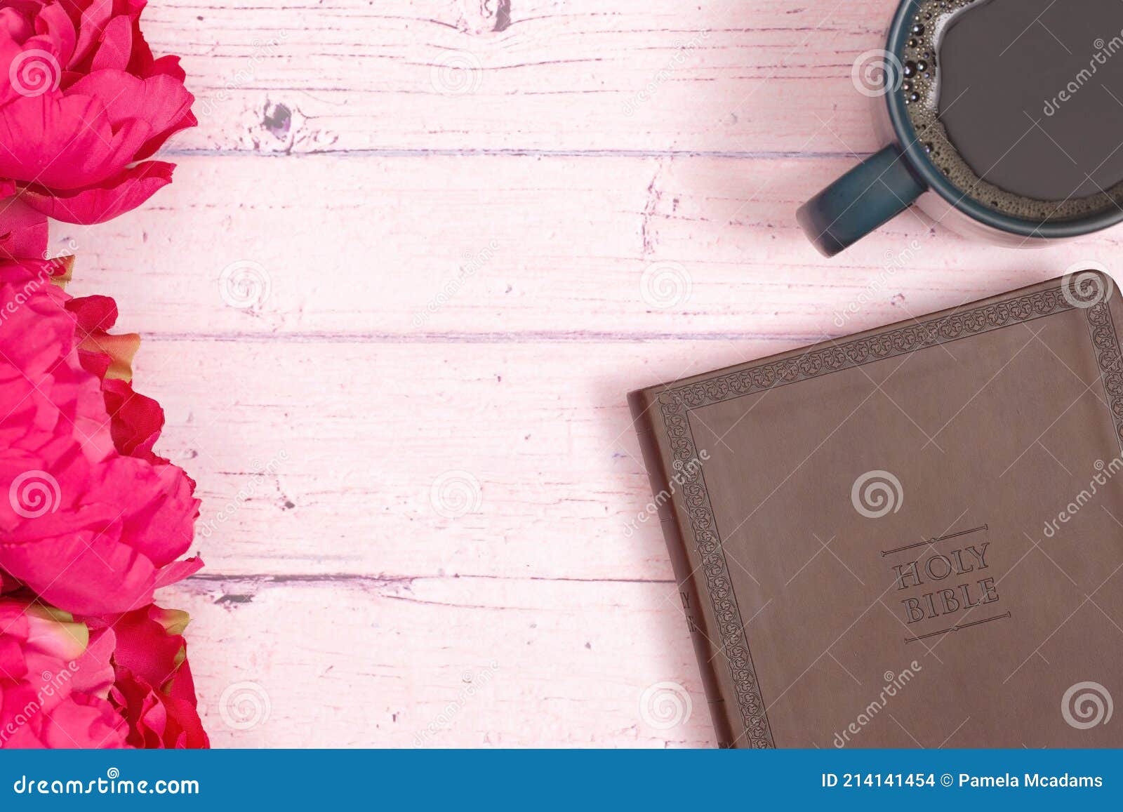 Personal Bible Study with a Cup of Coffee on a Pink Table Stock Photo ...