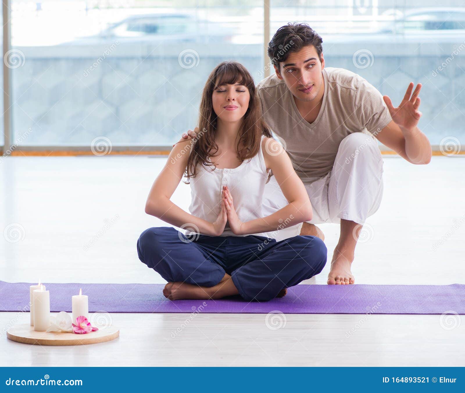 Personal Coach Helping during Yoga Session Stock Image - Image of ...