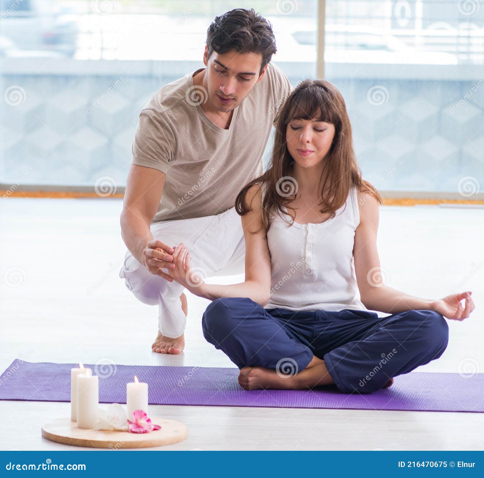 Personal Coach Helping during Yoga Session Stock Image - Image of ...
