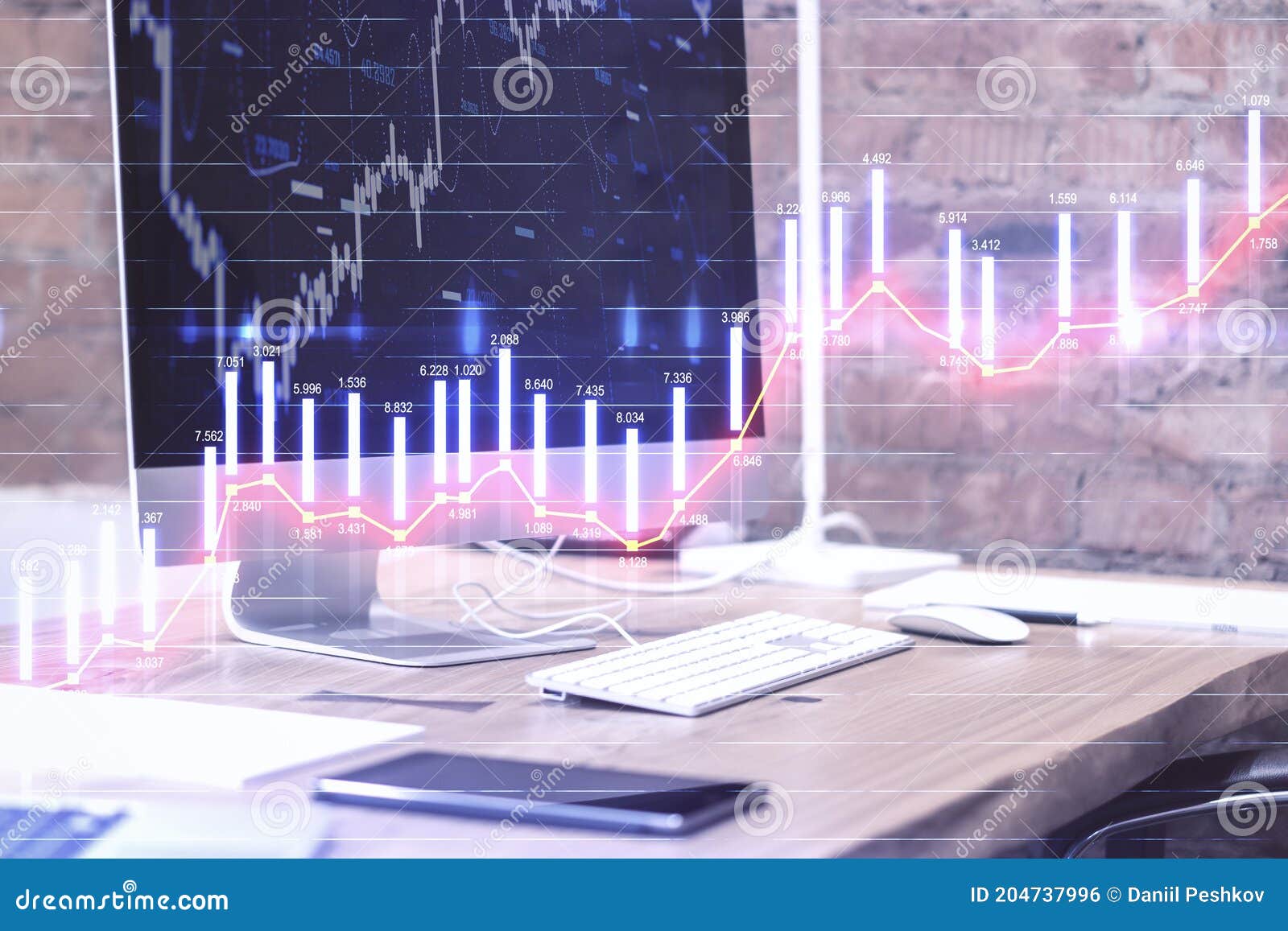 Personal Computer on Table with Business Charts Interface Stock Photo ...