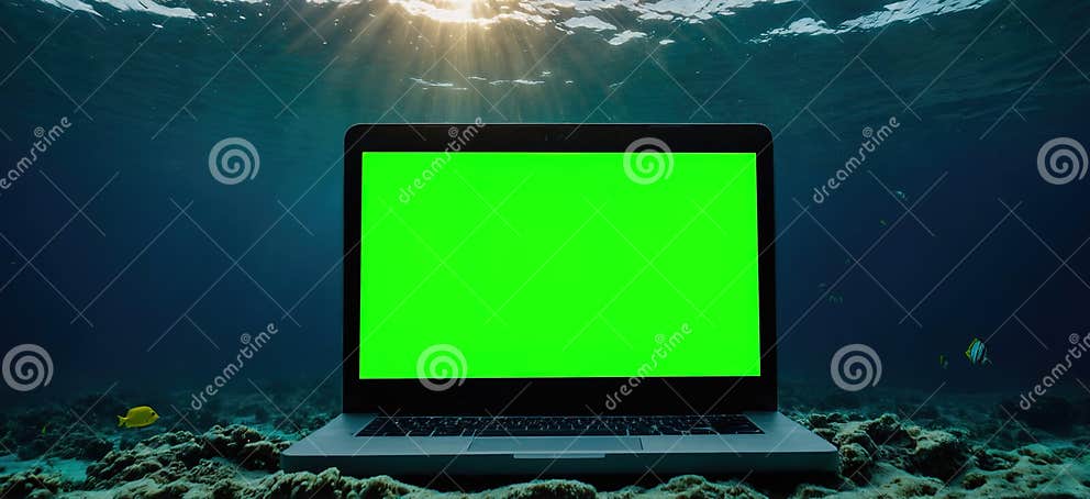 Personal Computer Under the Sea Water, Green Screen Display Stock ...