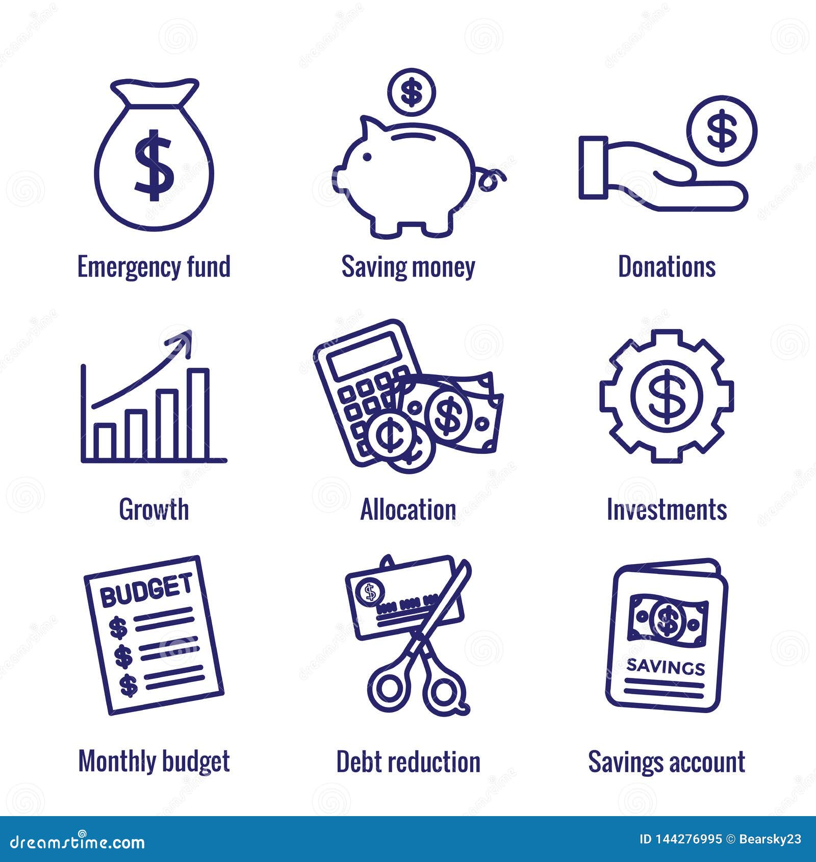 Personal Finance & Responsibility Icon Set with Money, Saving ...