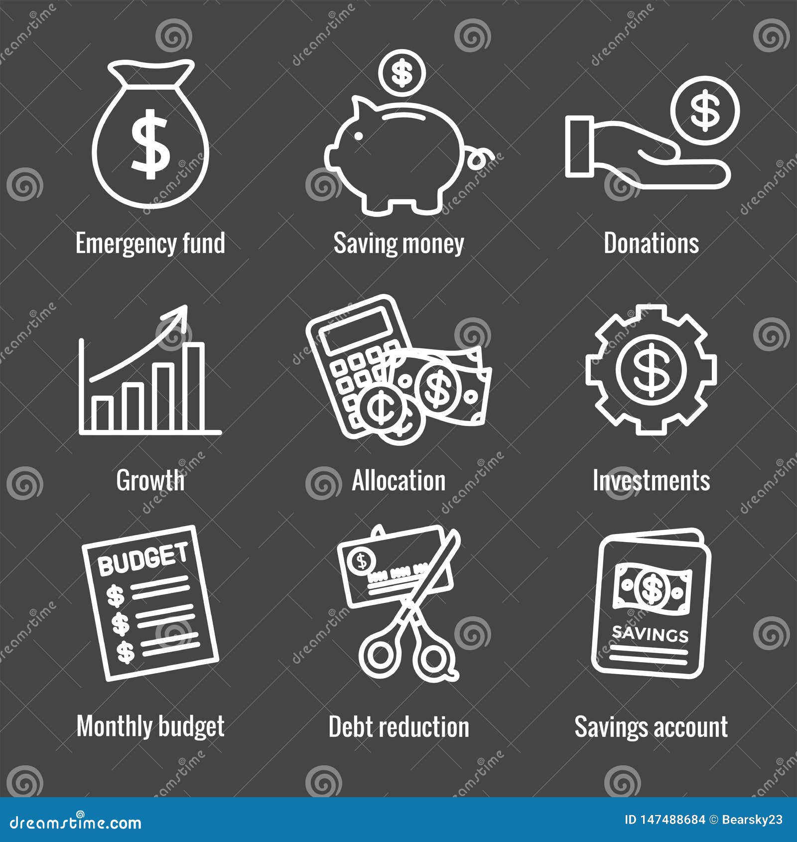 Personal Finance & Responsibility Icon Set with Money, Saving ...