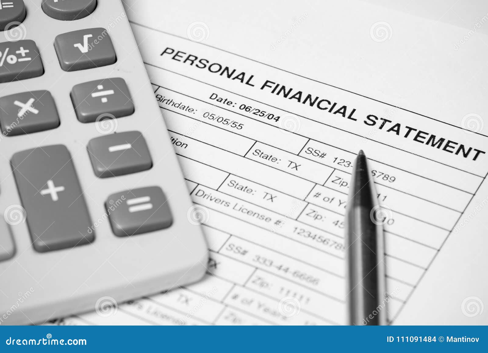 Personal Financial Statement Document, Pen and Calculator Stock Photo ...
