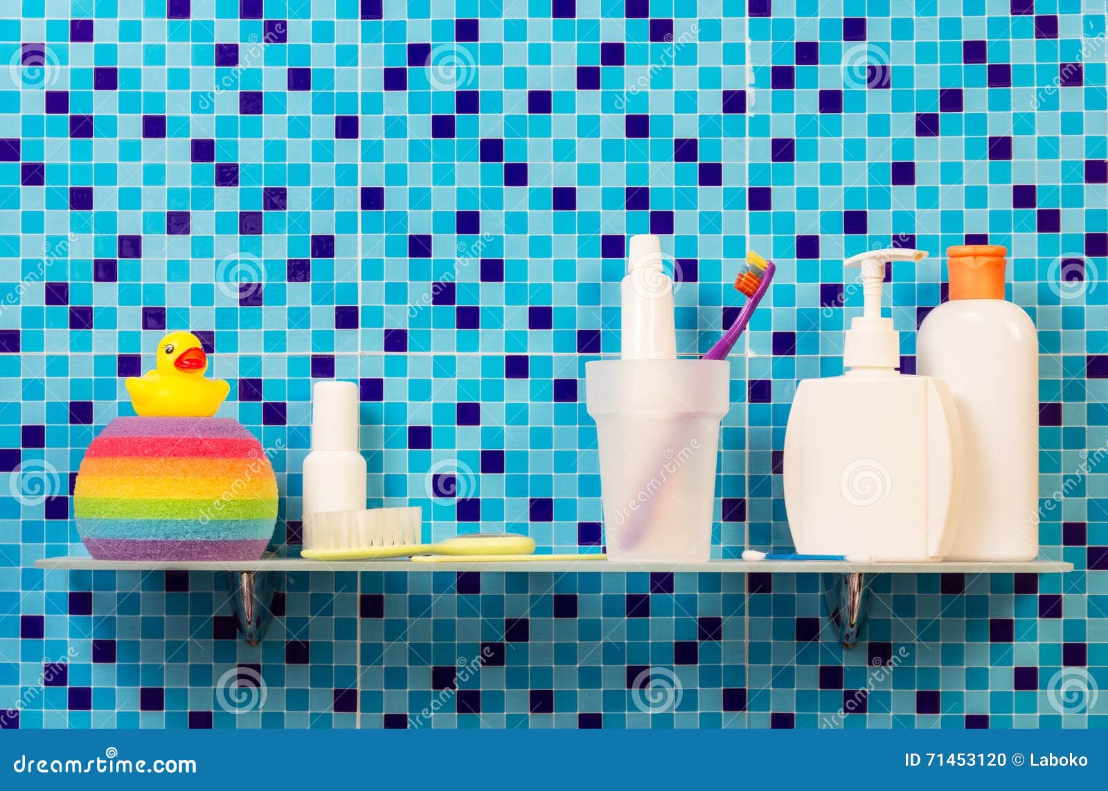 Personal Hygiene Products on the Shelf in Bathroom. Stock Photo - Image ...