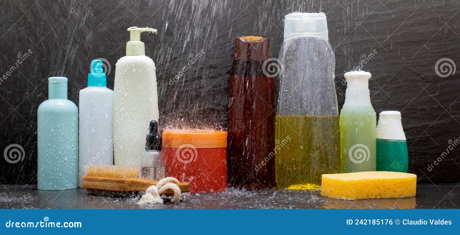 Personal Hygiene Products in the Shower Splashed by Shower Water Stock ...