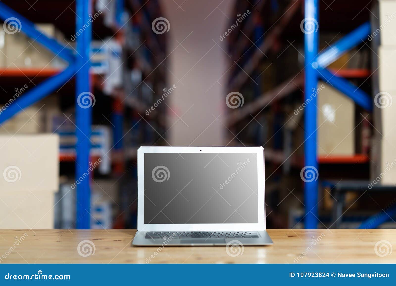 Personal Laptop Computer in Warehouse Store. Warehouse with Rows of ...