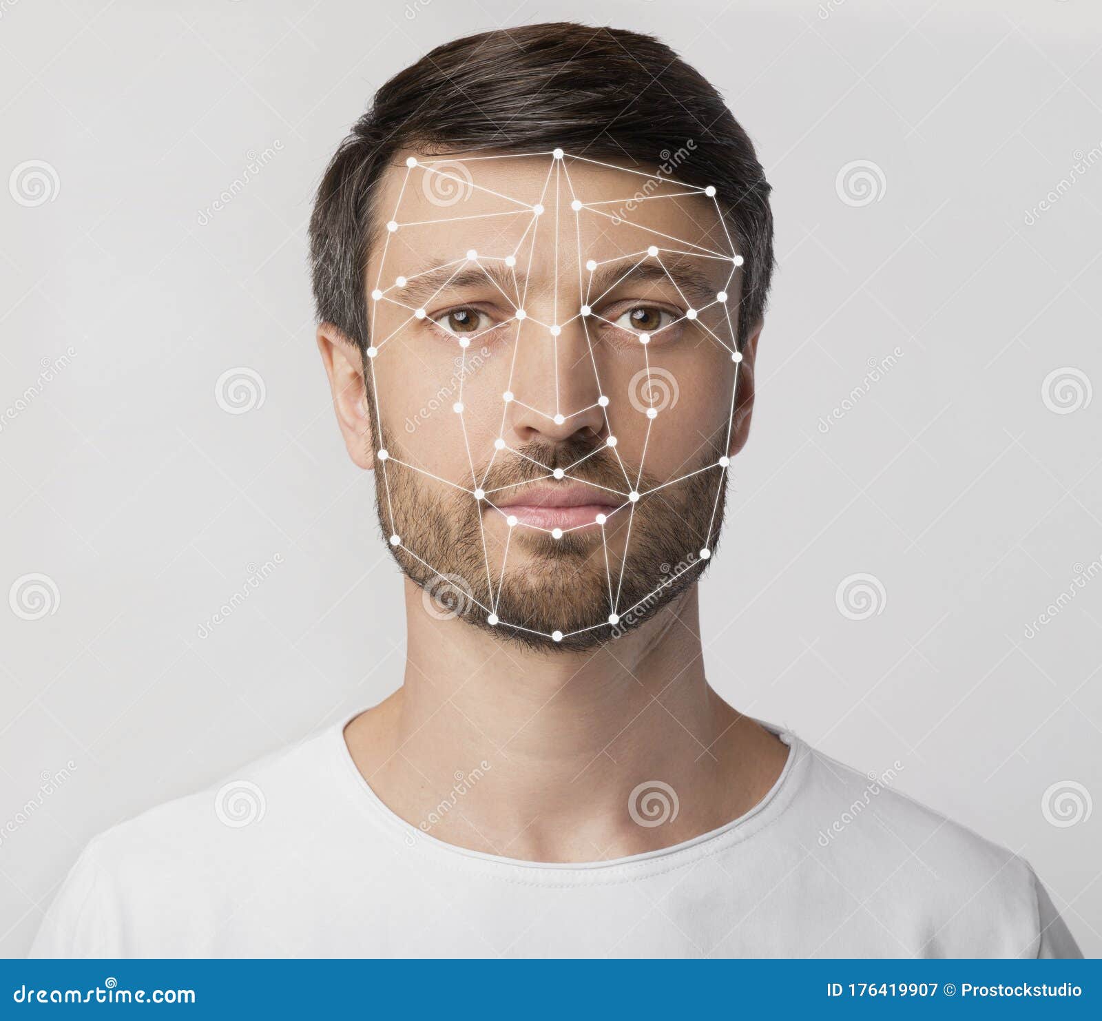 Personal Safety. Caucasian Man with Face Scanning Grid on Light ...