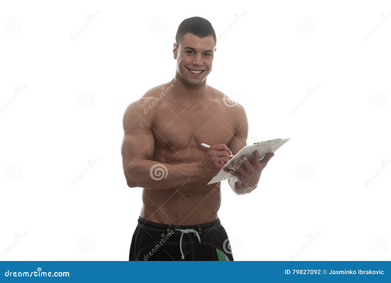 Personal Trainer with Clipboards Over White Background Stock Photo ...