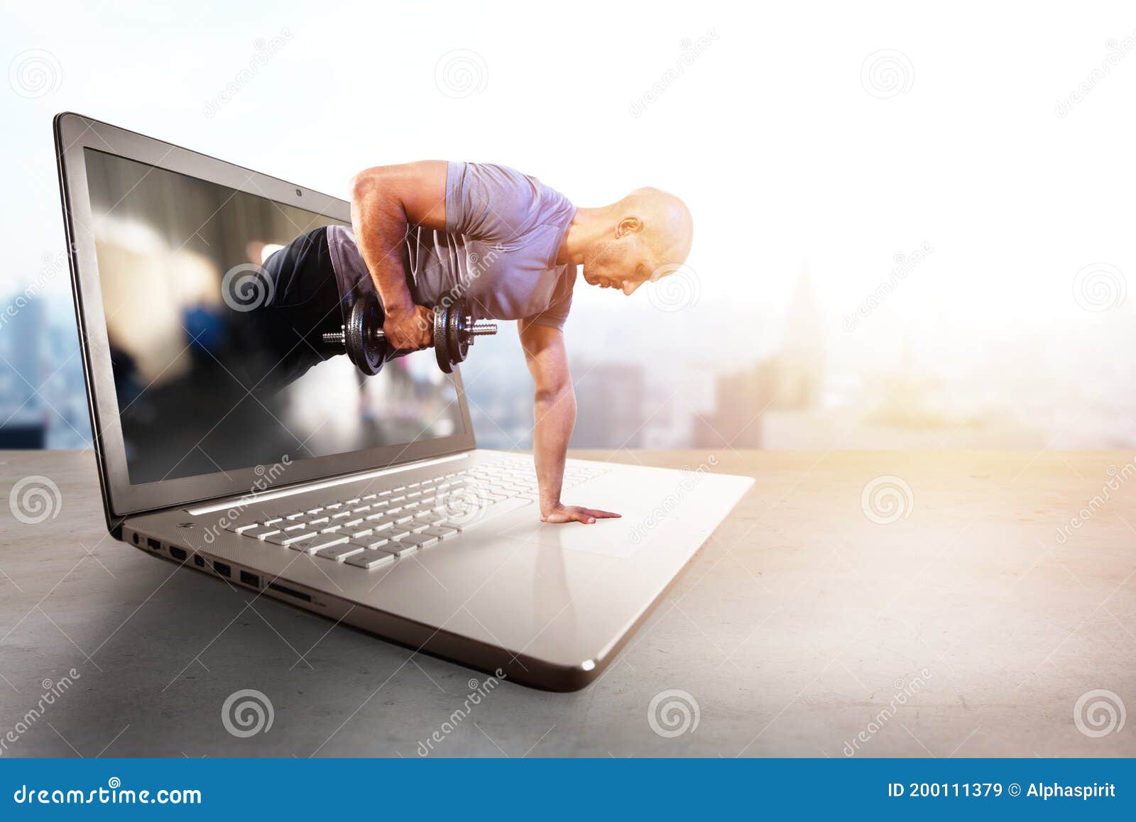 Personal Trainer Does Gym Lesson through Internet and Laptop Stock ...