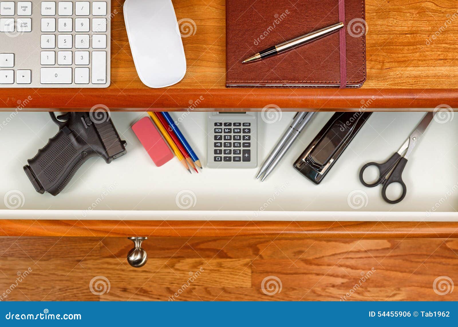 Personal Weapon in Work Desk Stock Photo - Image of overhead, business ...