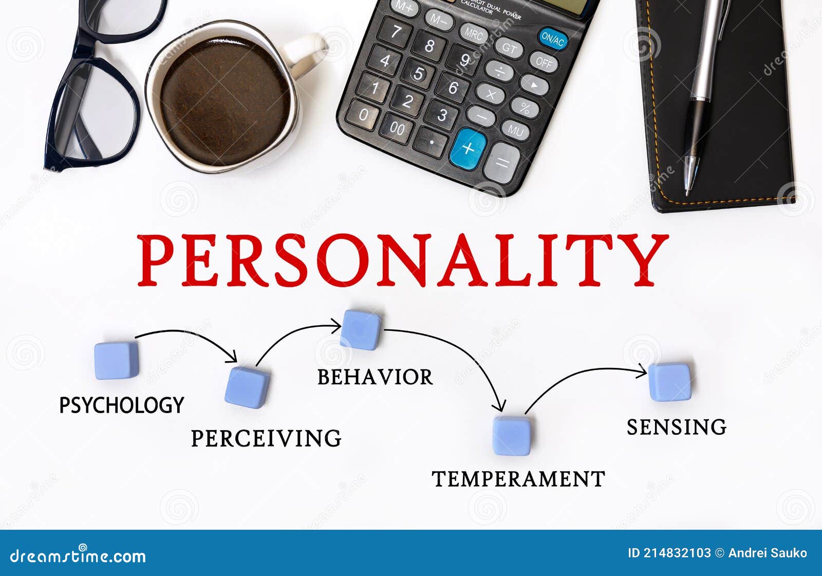 PERSONALITY CONCEPT. Office Desk with Accessories - Coffee, Notepad and ...