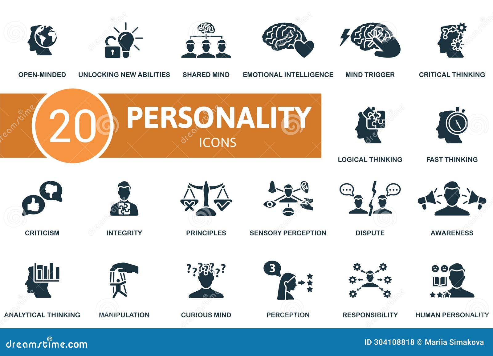 Personality Icons Set. Creative Icons: Open-minded, Unlocking New ...