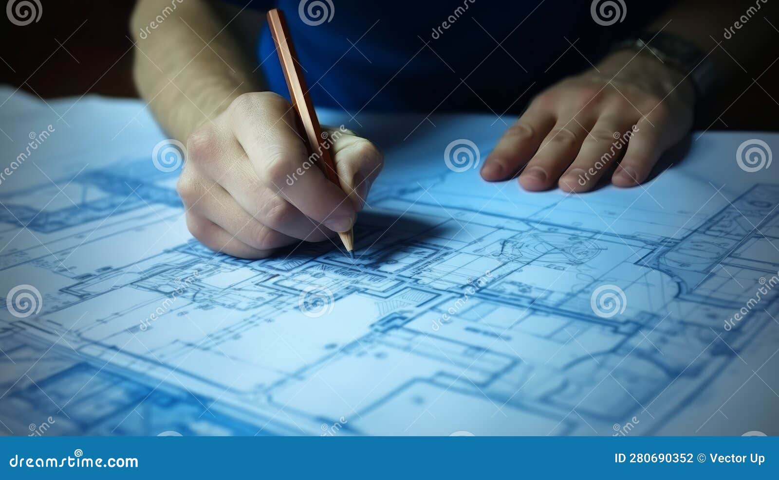 Persons Engineer Hand Drawing Plan on Blue Print. Generative AI. Stock ...