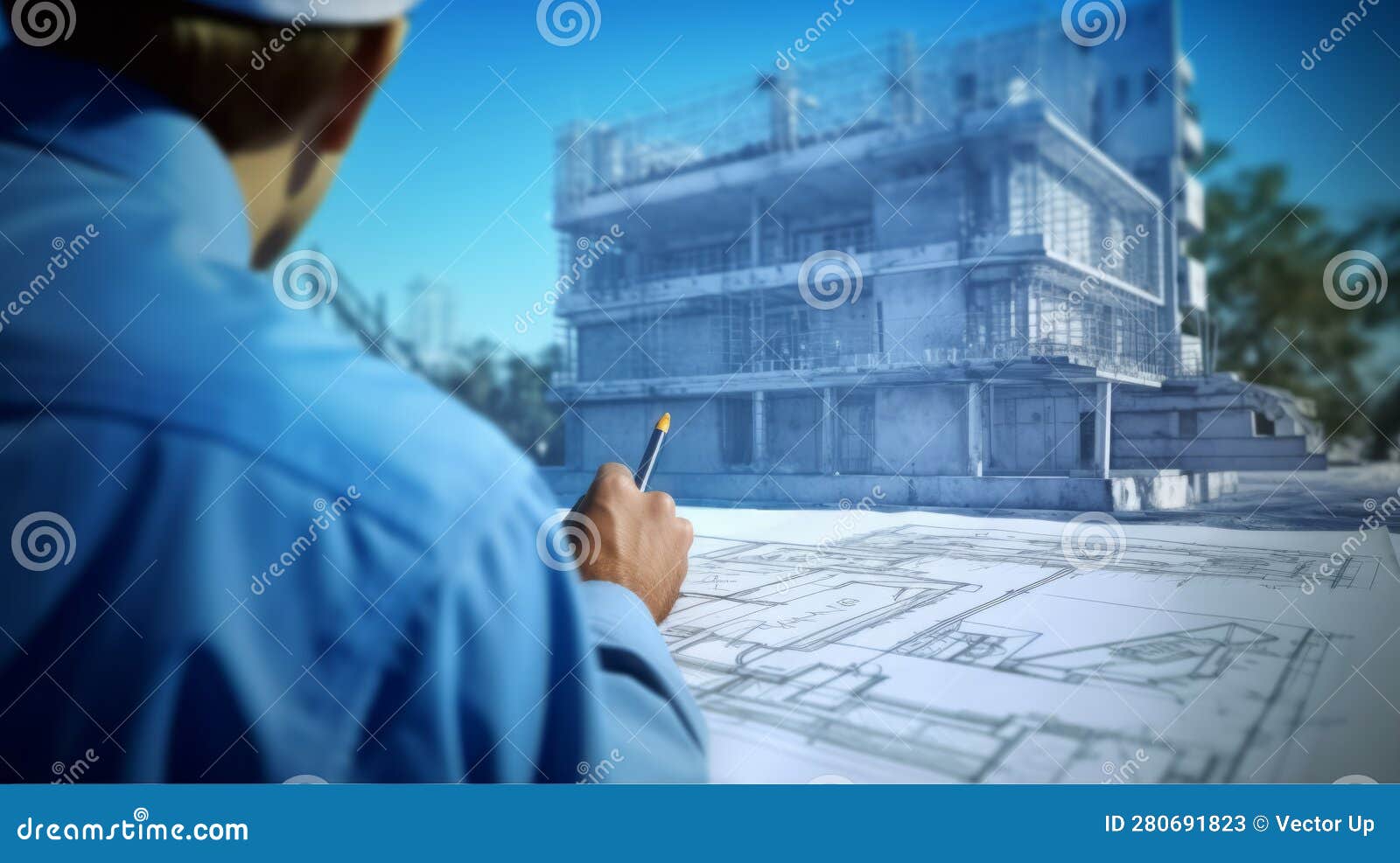 Persons Engineer Hand Drawing Plan on Blue Print. Generative AI. Stock ...