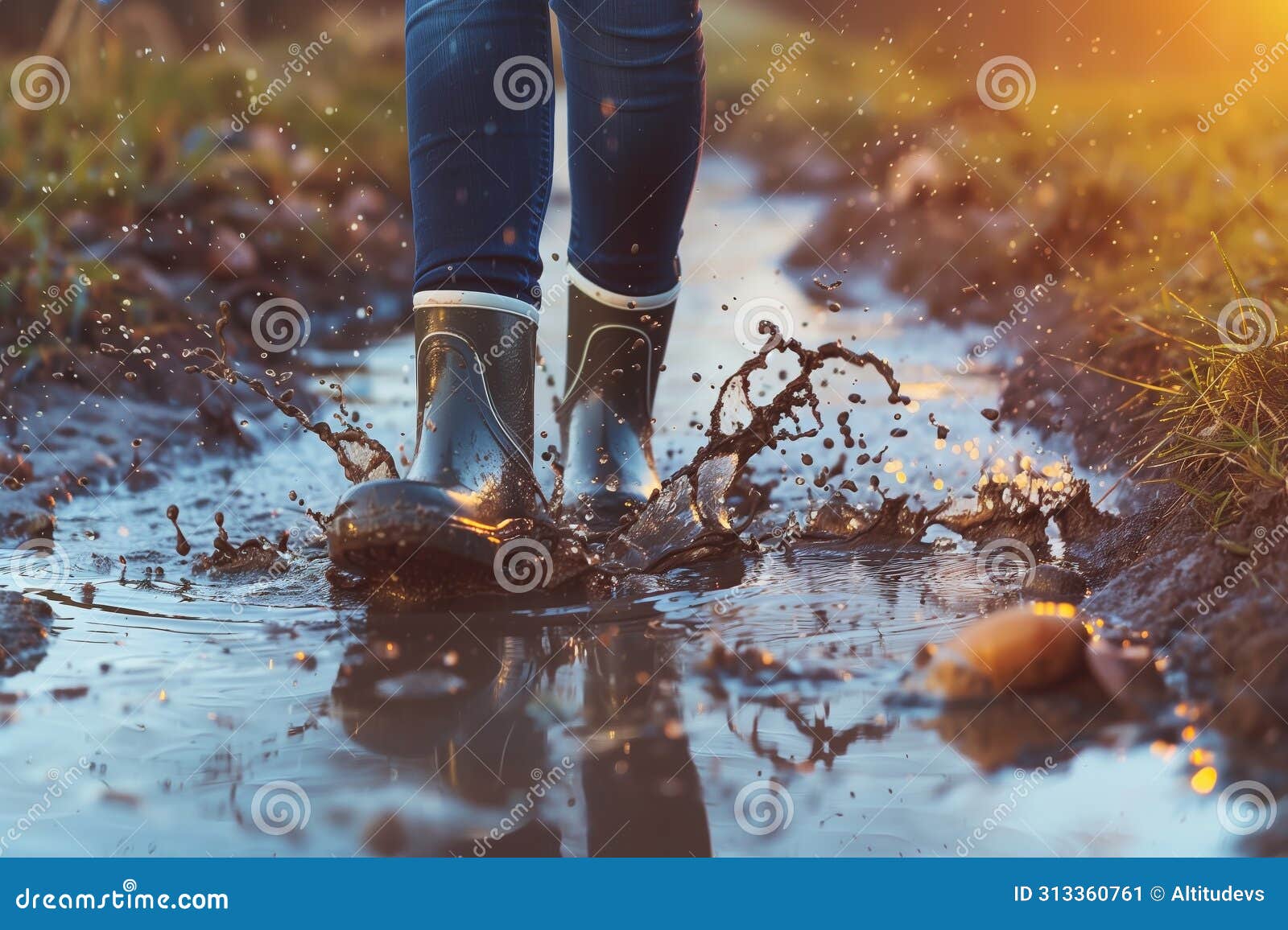 Persons Feet in Rubber Boots Splashing in a Muddy Puddle Stock Image ...
