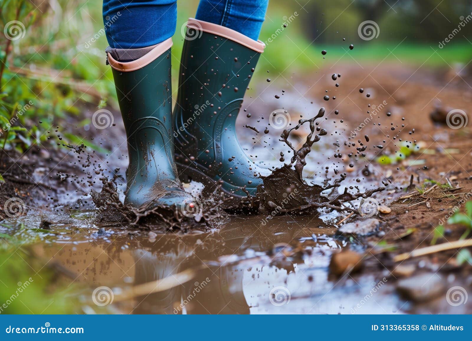 Persons Feet in Rubber Boots Splashing in a Muddy Puddle Stock Photo ...
