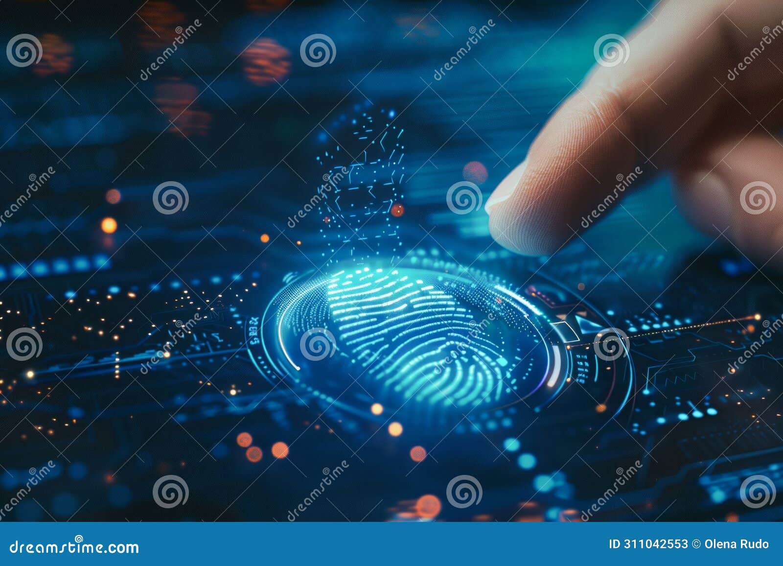 Finger Pressing a Digital Fingerprint Scanner on a Technological ...