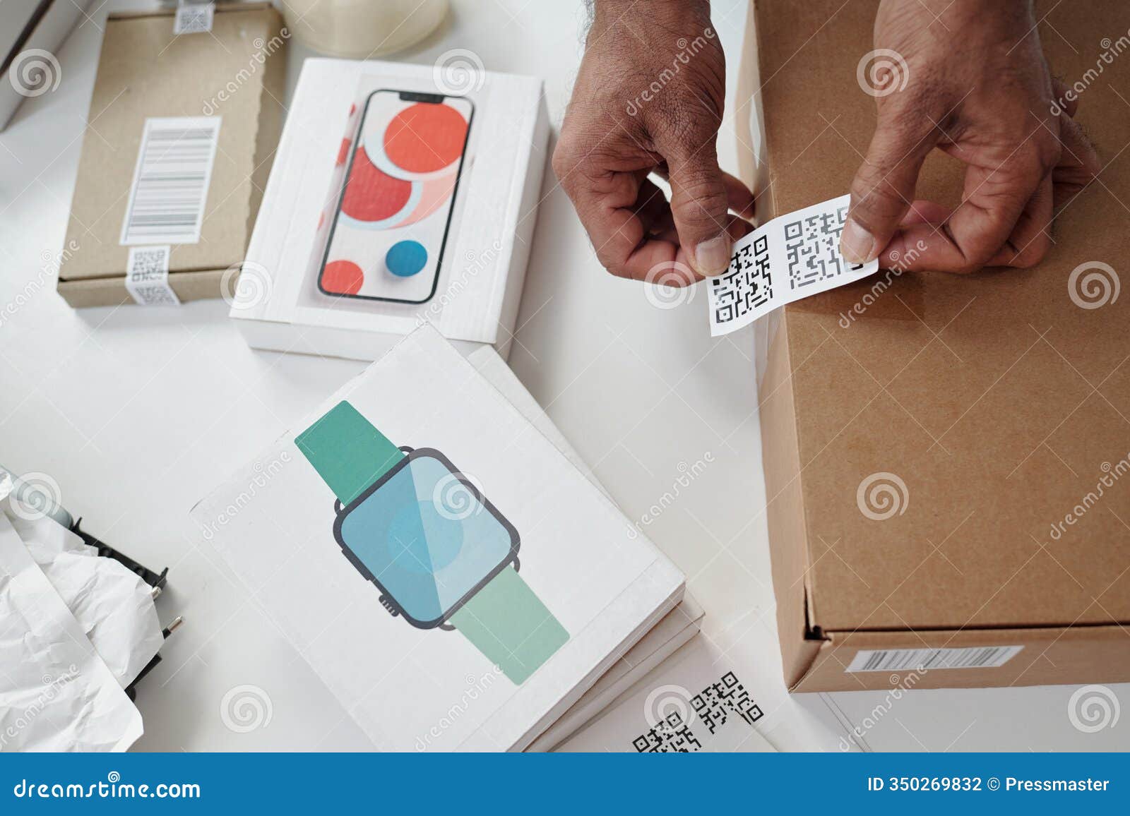 Scanning QR Code on Shipping Box in Workspace Stock Photo - Image of ...
