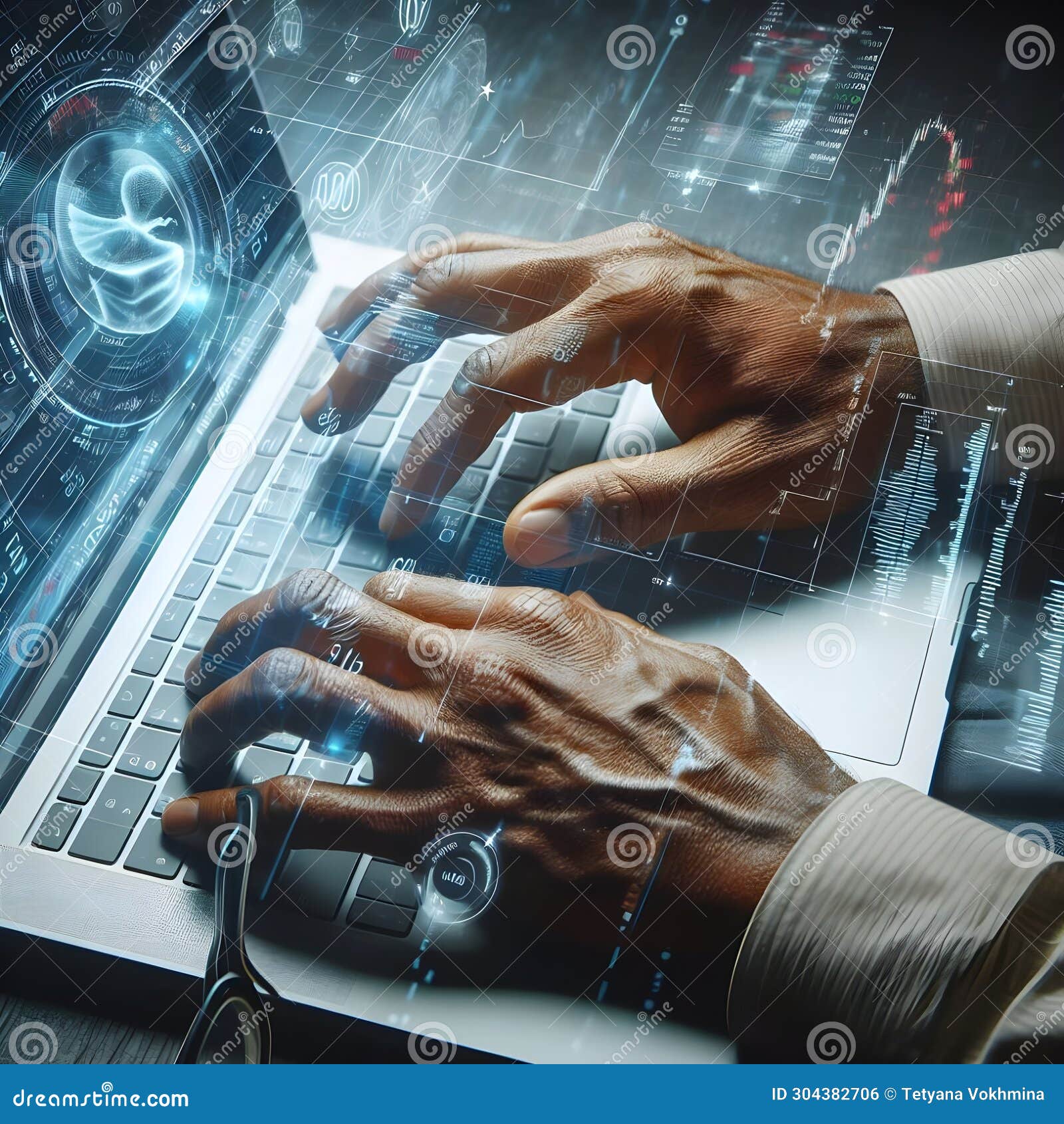 Close-Up of Hands Typing on a Keyboard with Futuristic Holographic Data Overlays Stock Photo ...