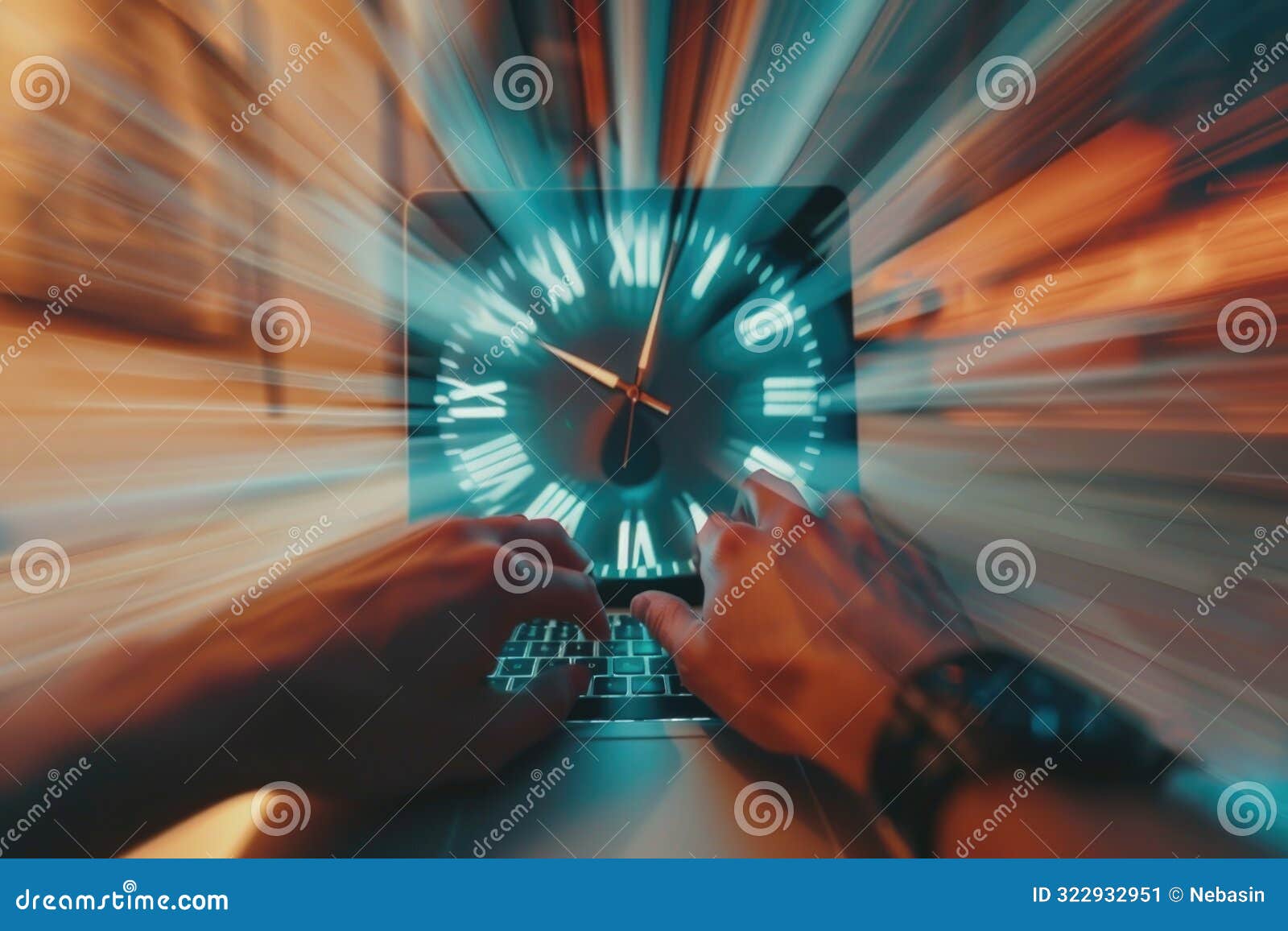 A Persons Hands are Typing on a Laptop, and a Clock Face is Displayed ...