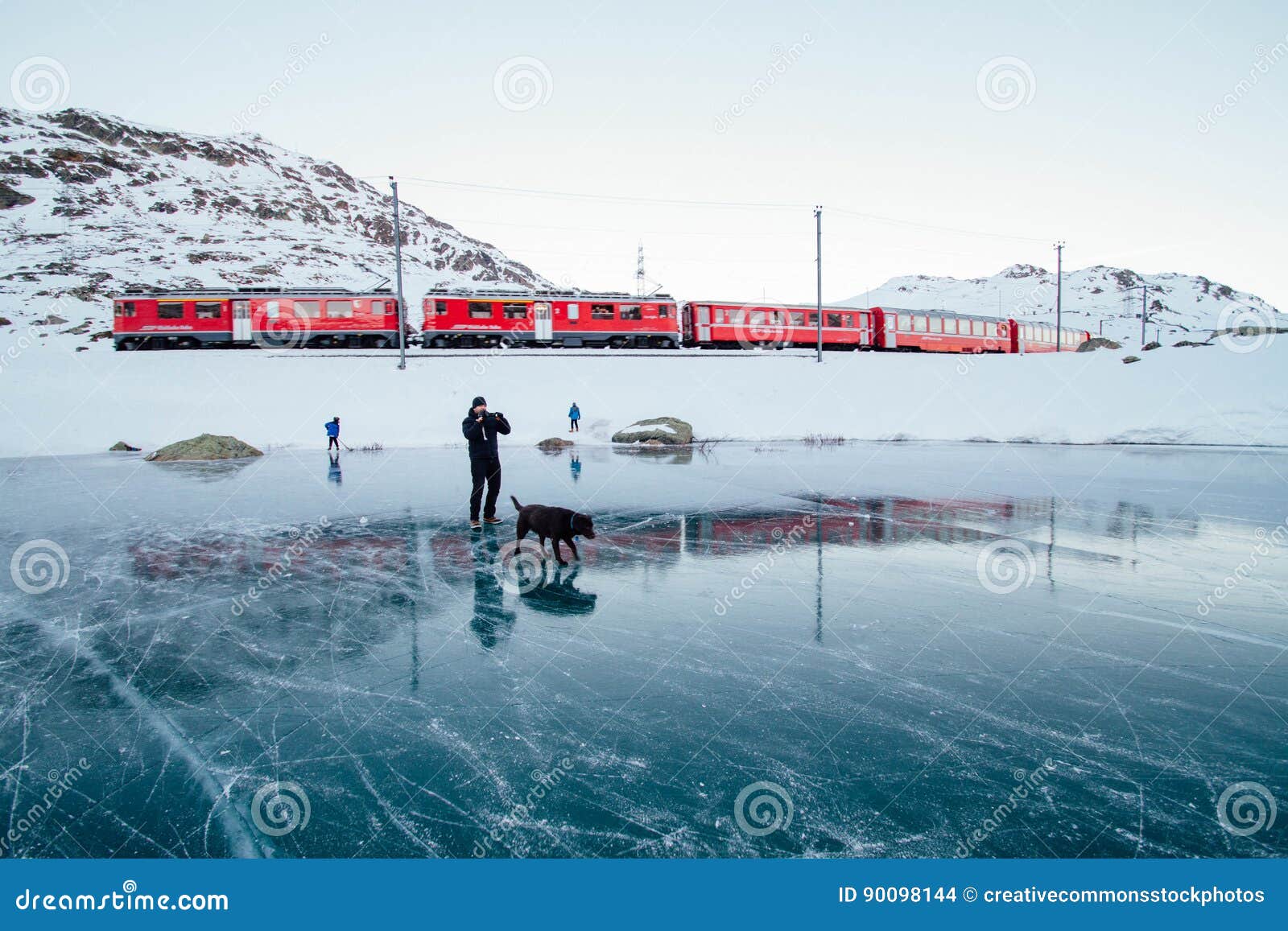 Persoon Die Een Hond Op Een Bevroren Meer Loopt Picture. Image: 90098144