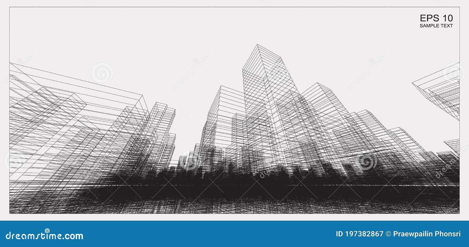 Perspective 3D Render of Building Wireframe. Abstract Wireframe City ...