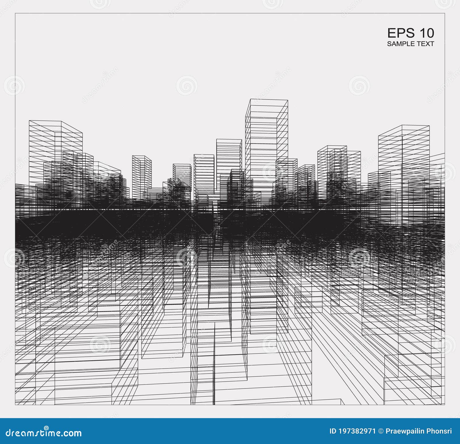 Perspective 3D Render of Building Wireframe. Abstract Wireframe City ...