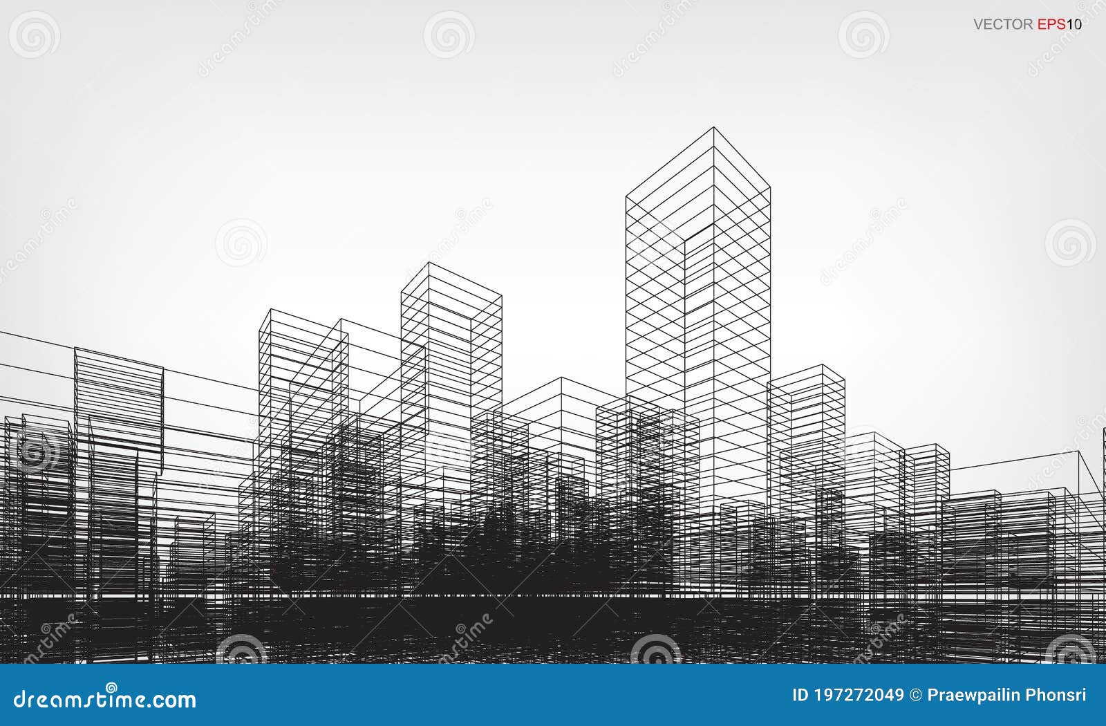 Perspective 3D Render of City Wireframe. Wireframe City Background of ...