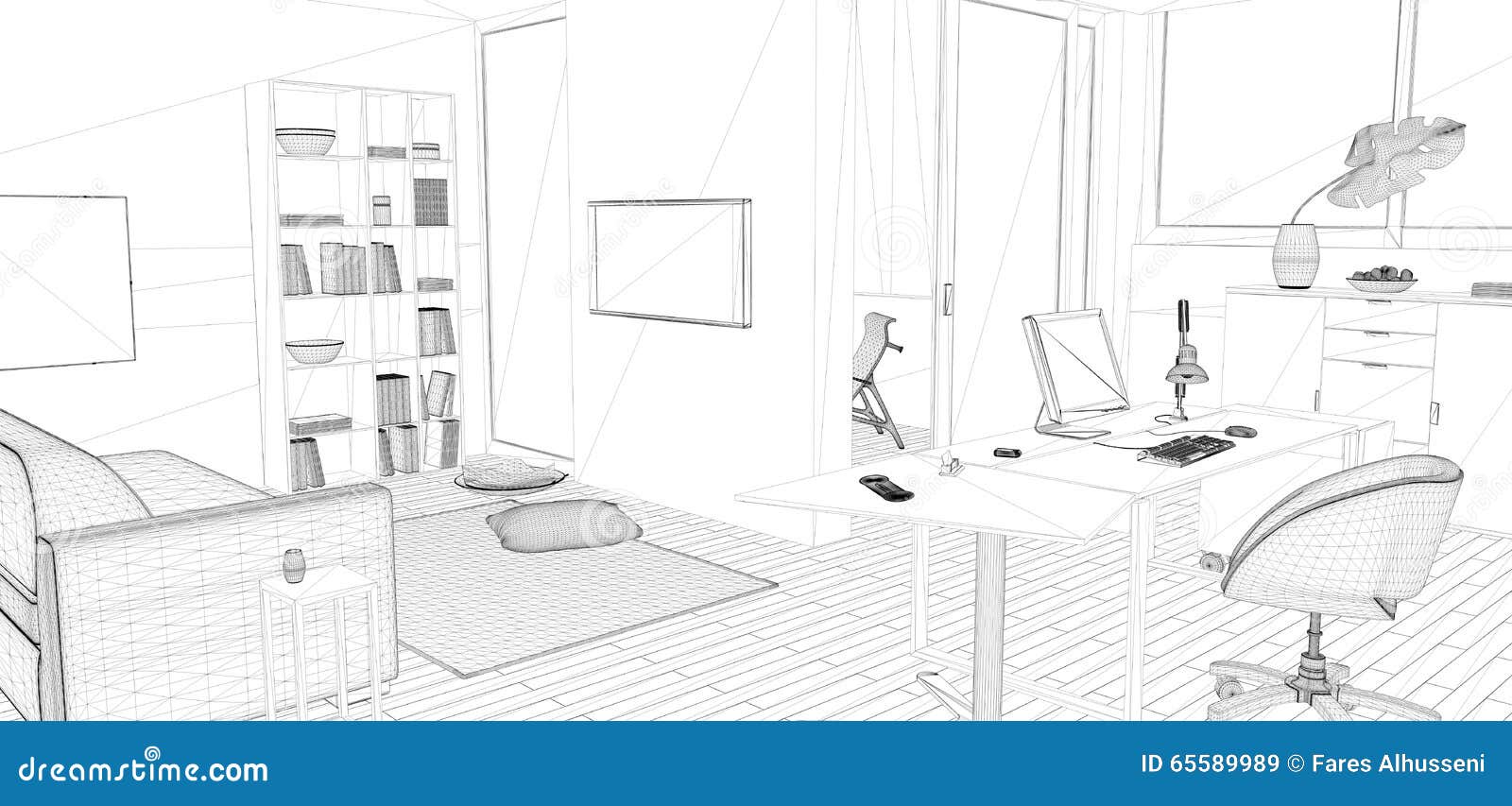 Perspective 3D Render of Interior Wireframe. Stock Illustration ...