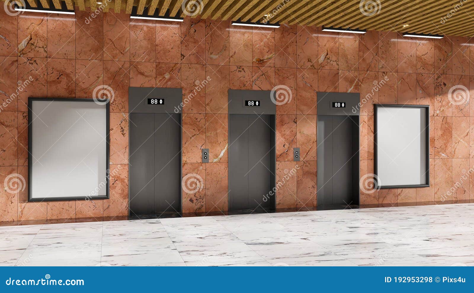 Perspective 3D Rendering Modern Three Steel Elevator with Board Stock ...