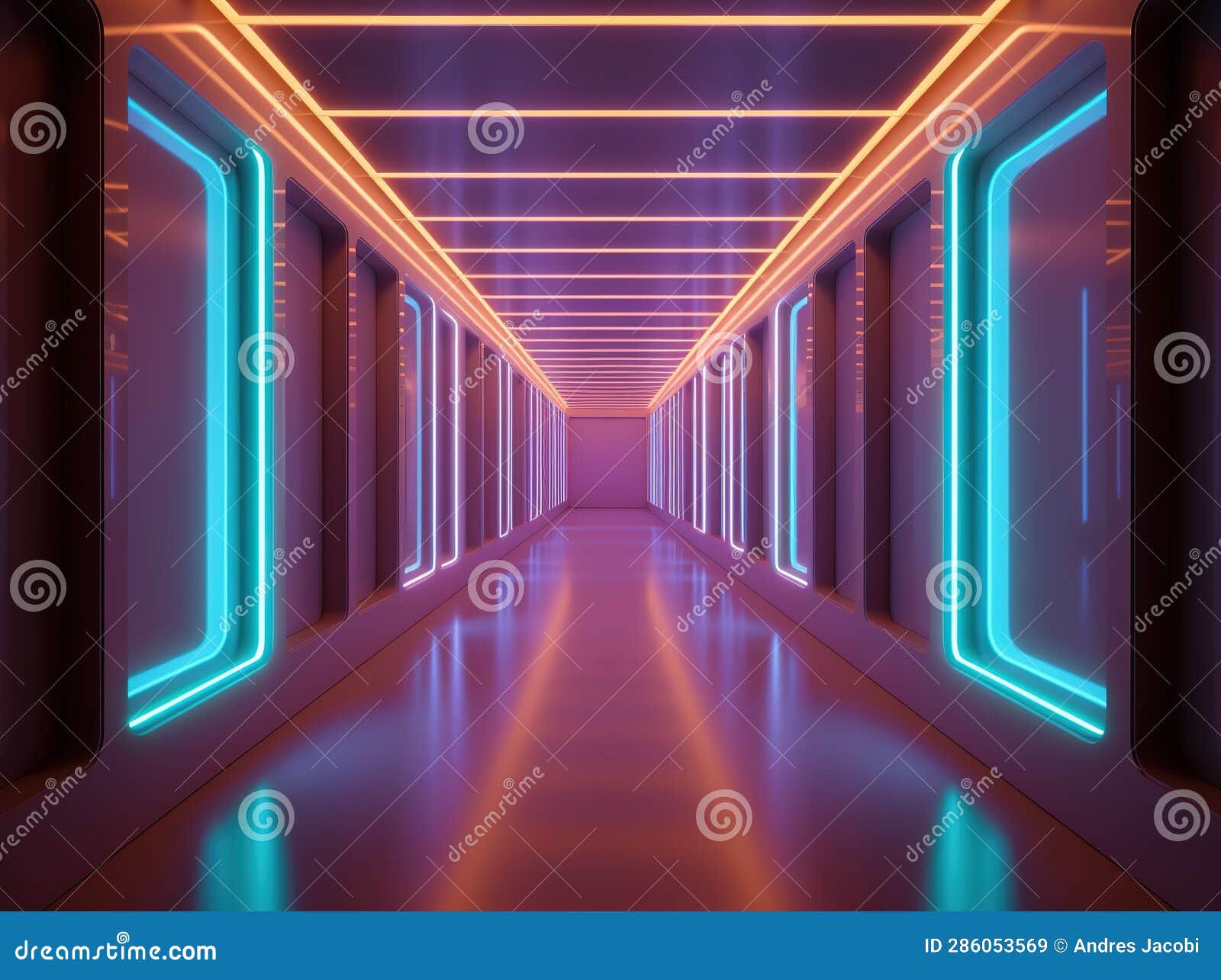Perspective Hallway with Fluorescent Neon Lights Stock Illustration ...
