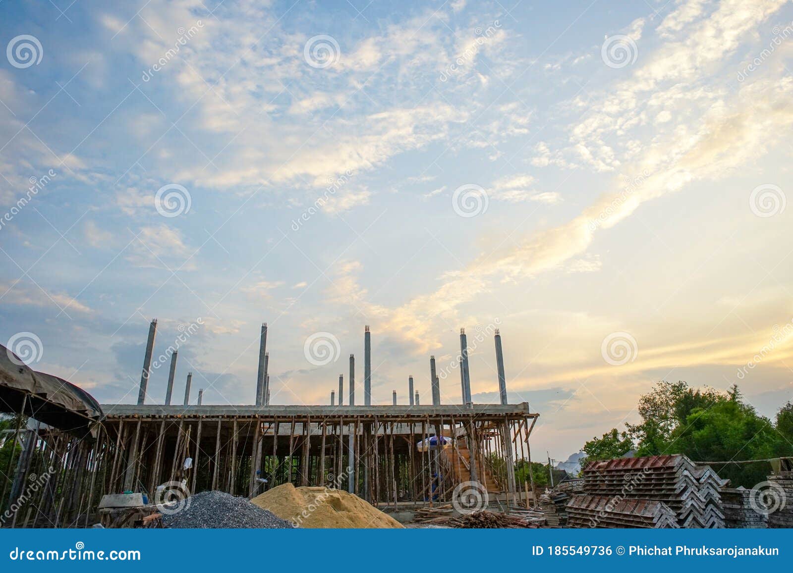 Perspective of House Structure Under Construction at Site with Blue Sky ...