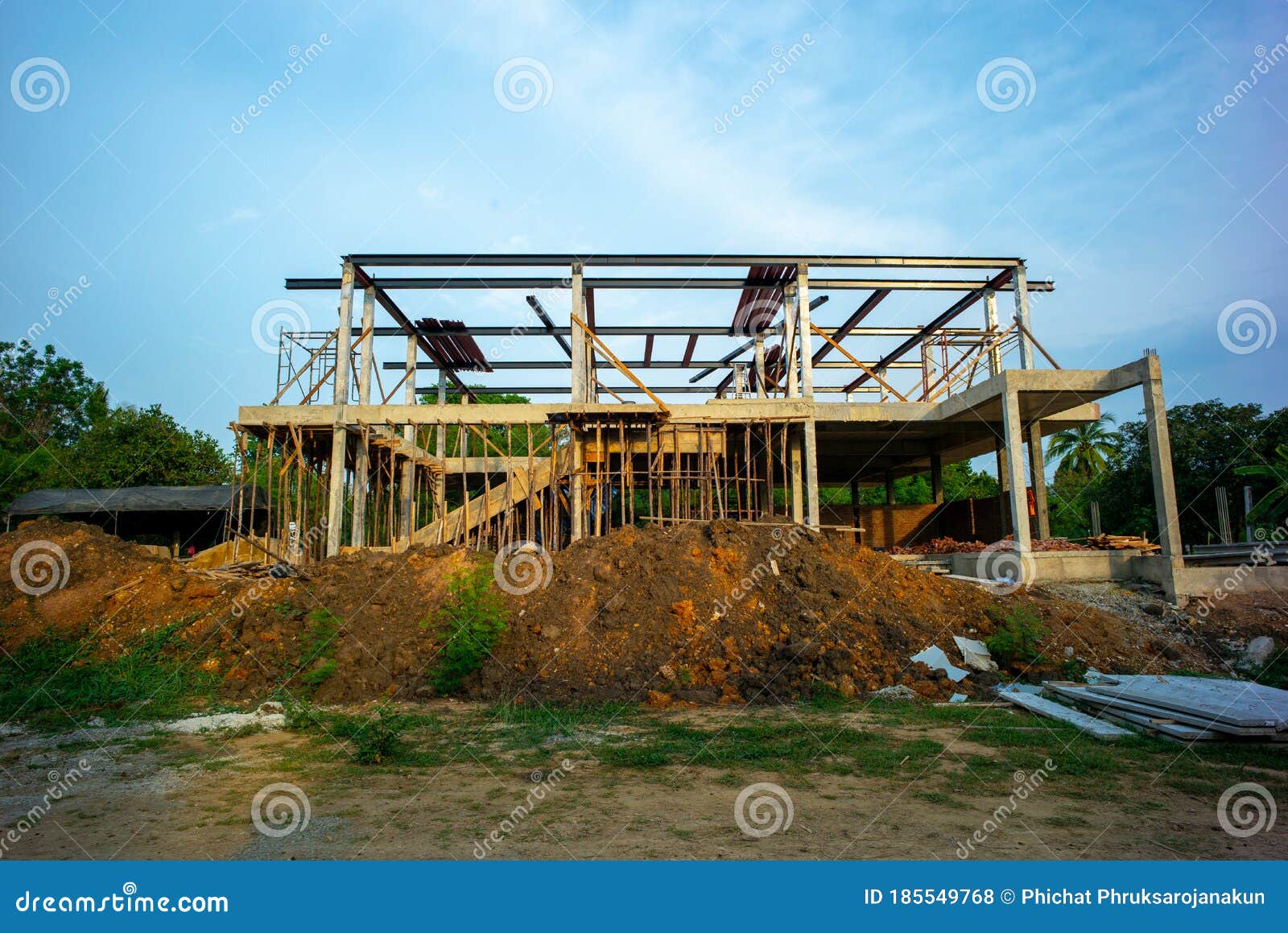 Perspective of House Structure Under Construction at Site with Blue Sky ...