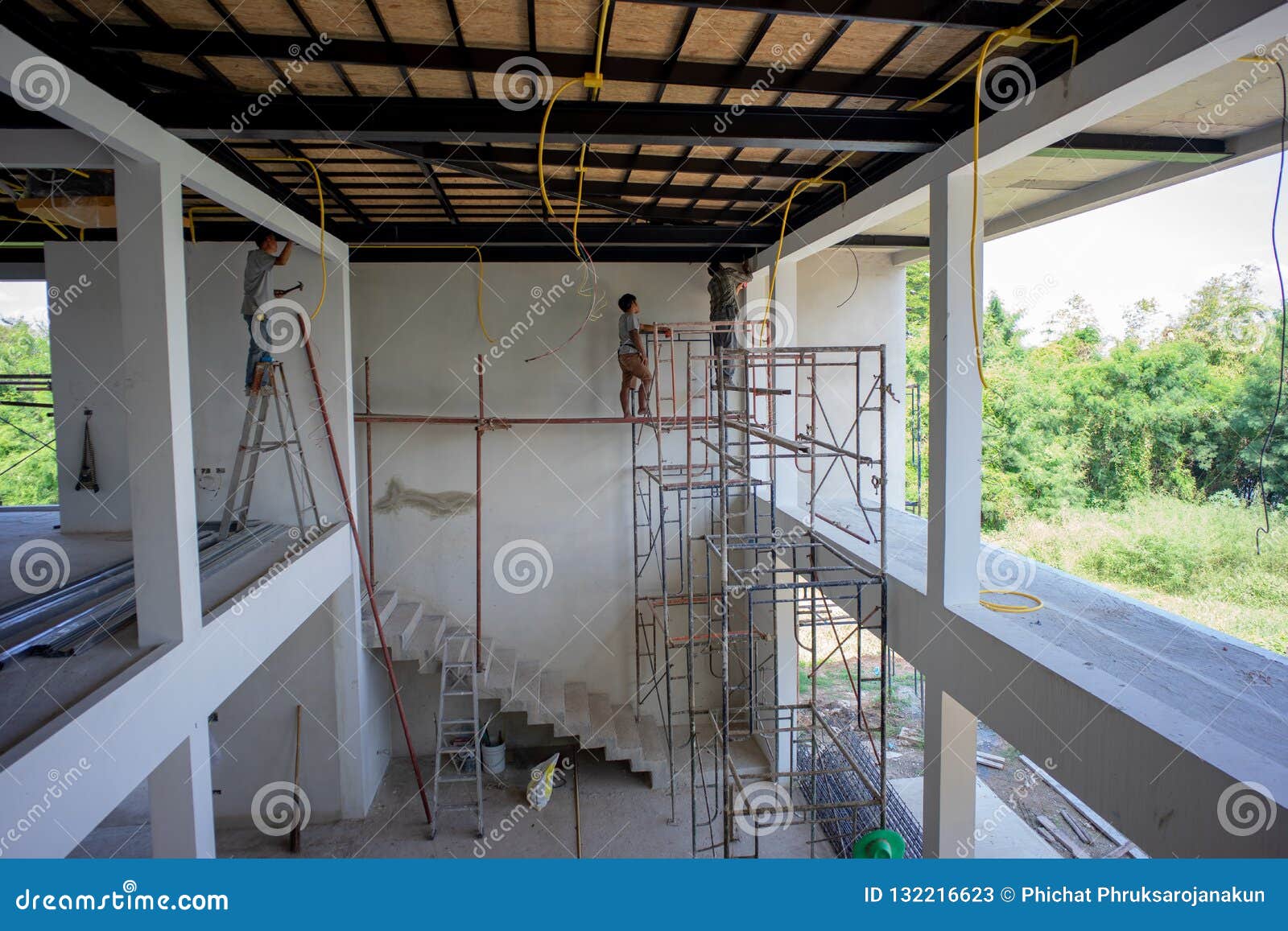 Perspective Inside of House Under Construction with Workers Editorial ...