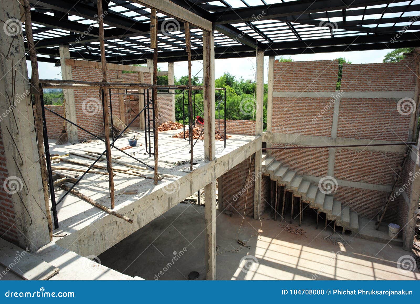 Perspective Interior House Under Construction with Clear Blue Sky ...