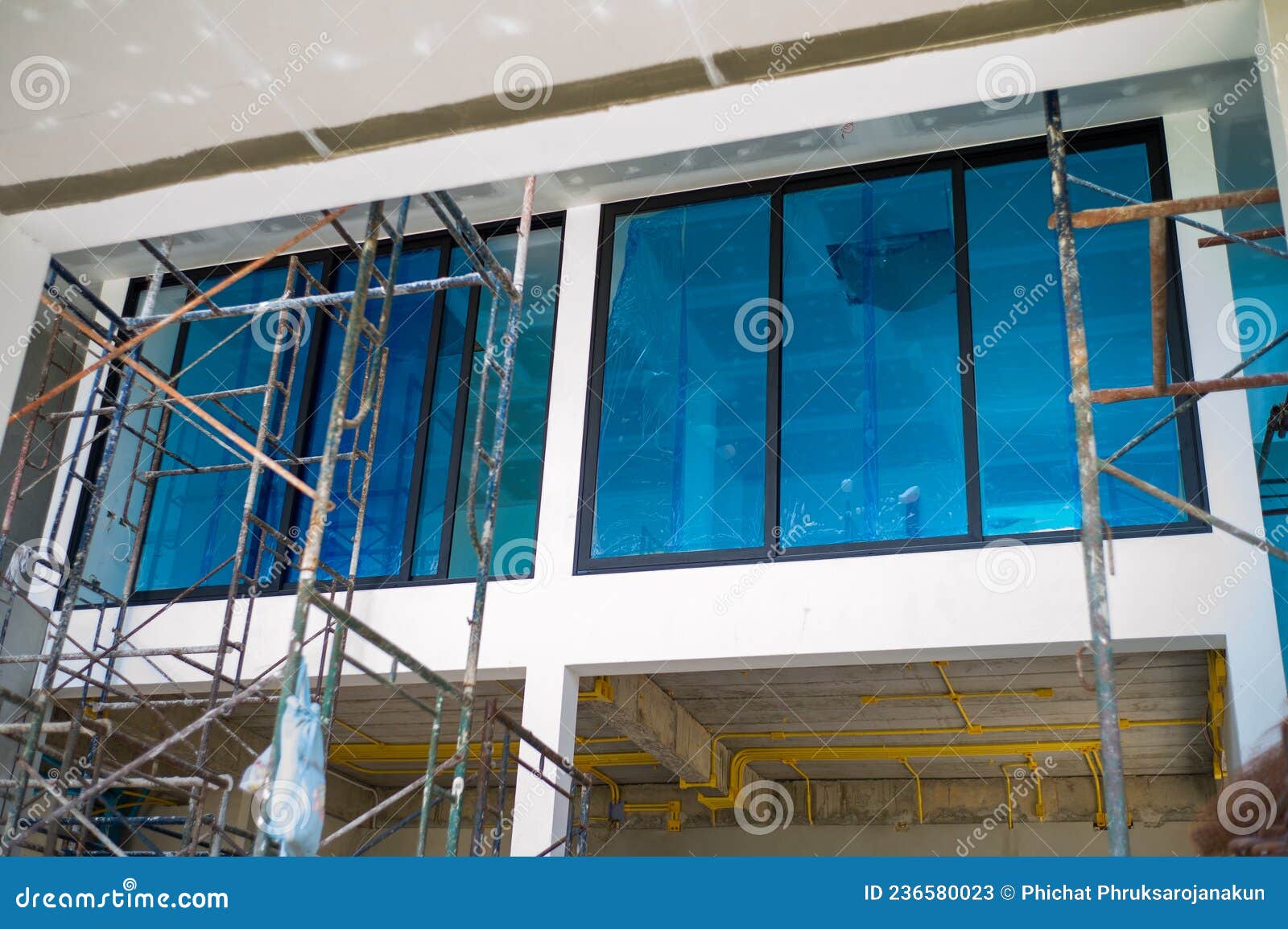 Perspective Interior of House Under Construction with Steel Scaffolding ...