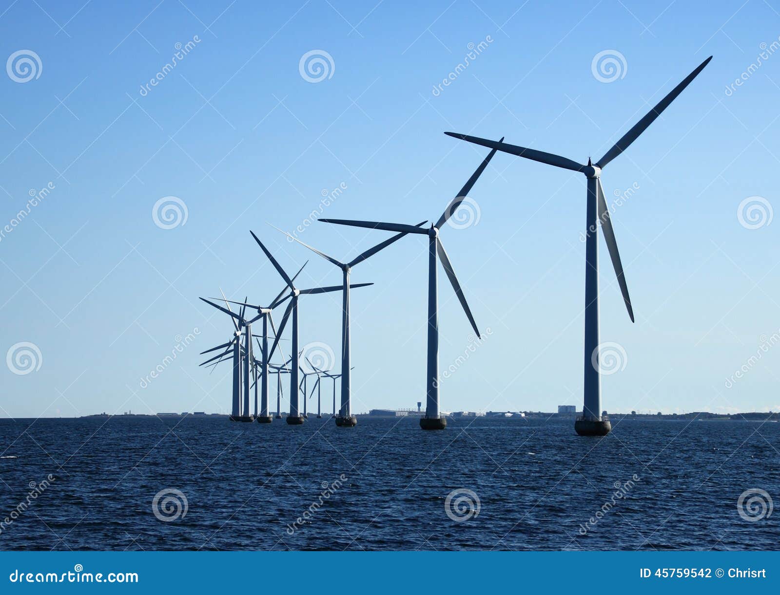 Perspective Line of Ocean Windmills in Back Light Stock Photo - Image ...