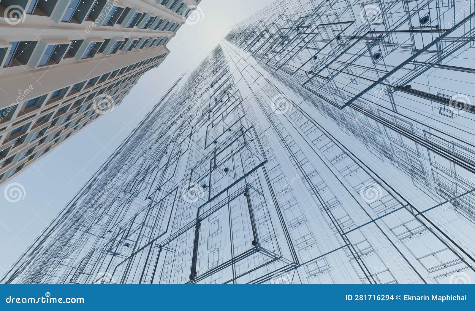 Perspective Modern Building with Wireframe Render Stock Illustration ...