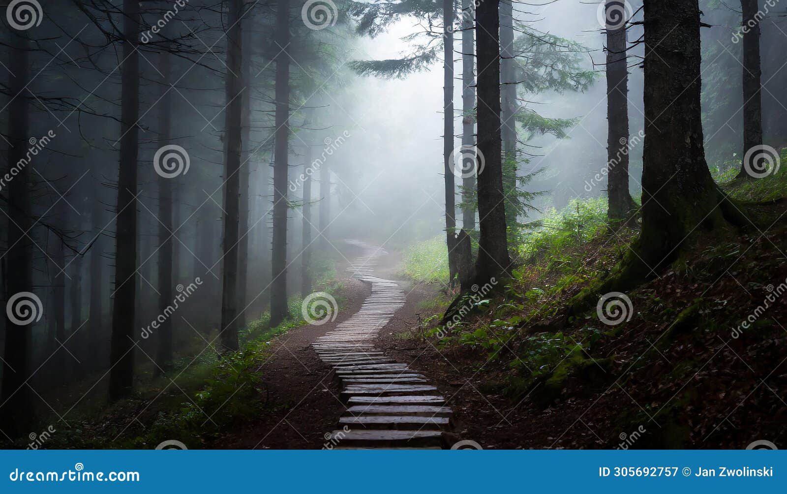 Perspective of Path Trail through the Dark and Foggy Forrest Stock ...