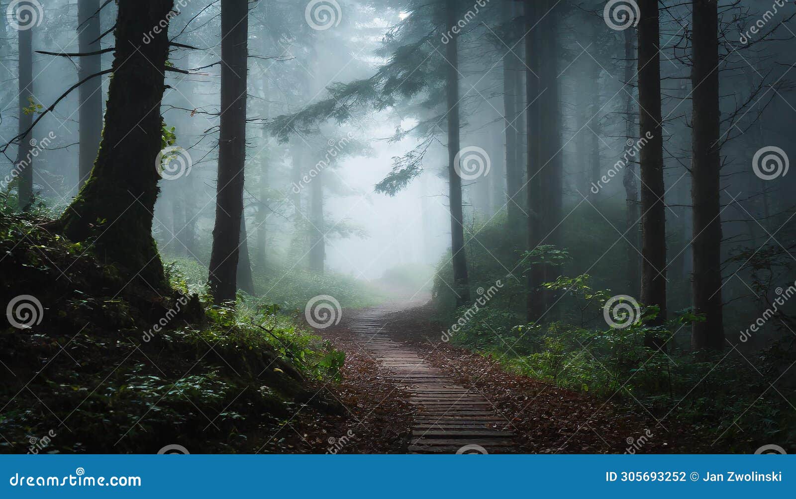 Perspective of Path Trail through the Dark and Foggy Forrest Stock ...