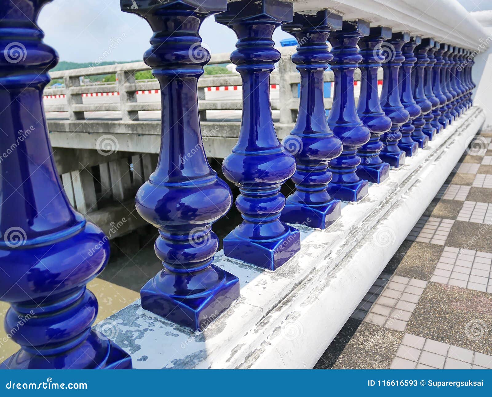 Perspective Retro Blue Ceramic Balustrade Fence Along the Bridge Stock ...